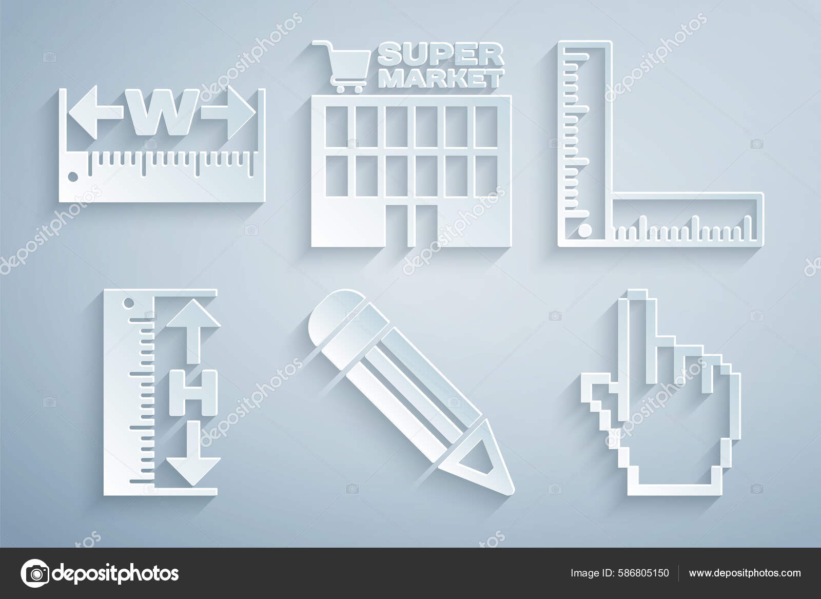 Set Pencil Folding Ruler Measuring Height Length Pixel Hand Cursor ...