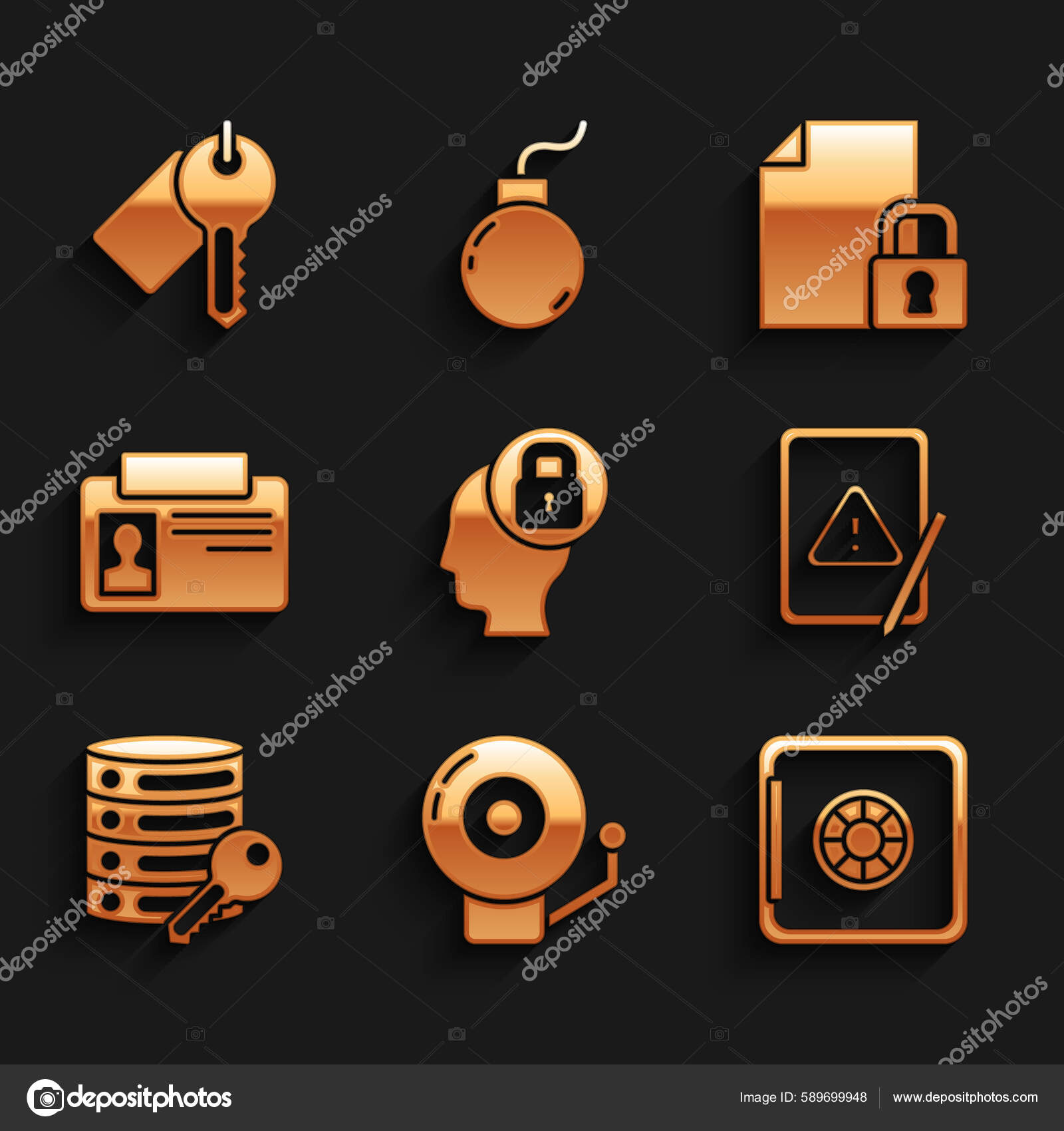 Set Human Head Lock Ringing Alarm Bell Safe Tablet Exclamation Stock ...