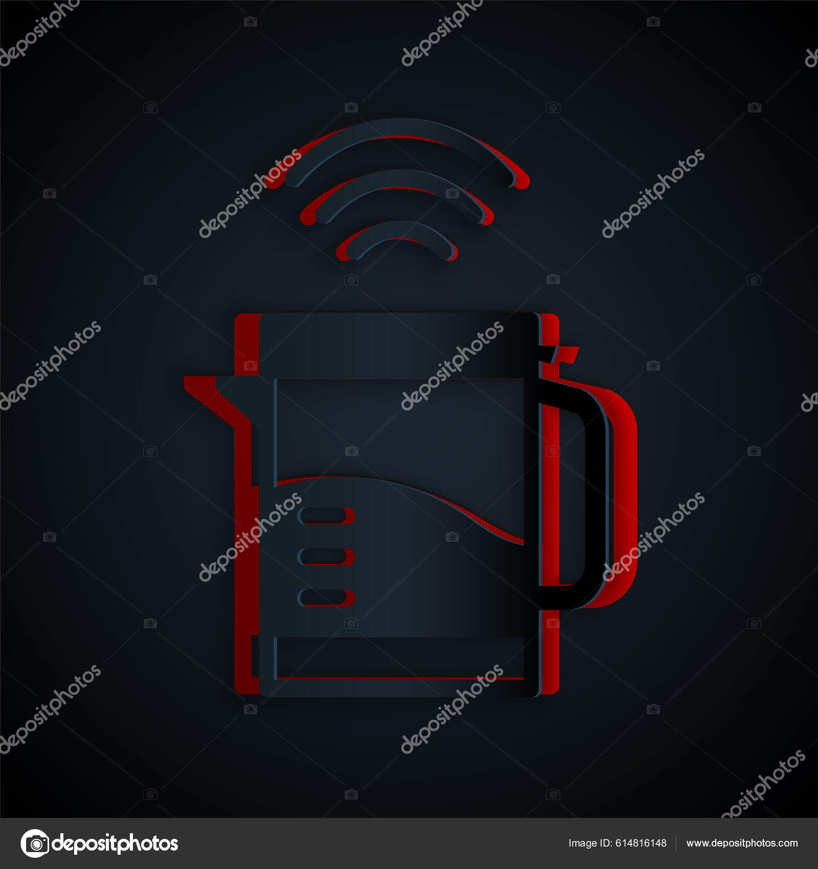 Paper Cut Smart Electric Kettle System Icon Isolated Black Background ...