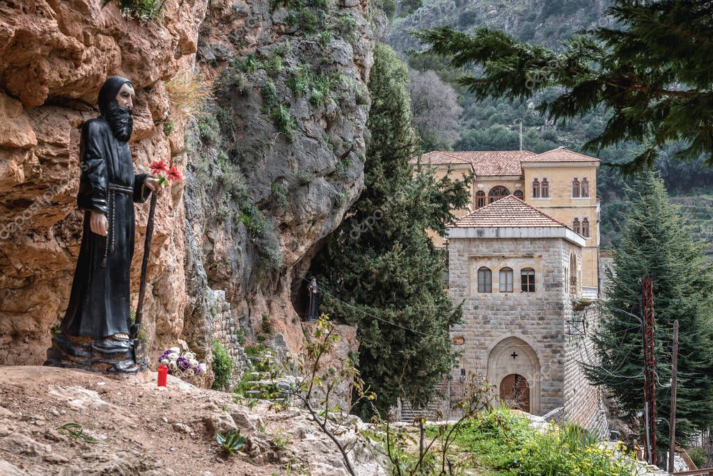 Kadisha, Lebanon - March 6, 2020: Religious statue in St Anthony ...