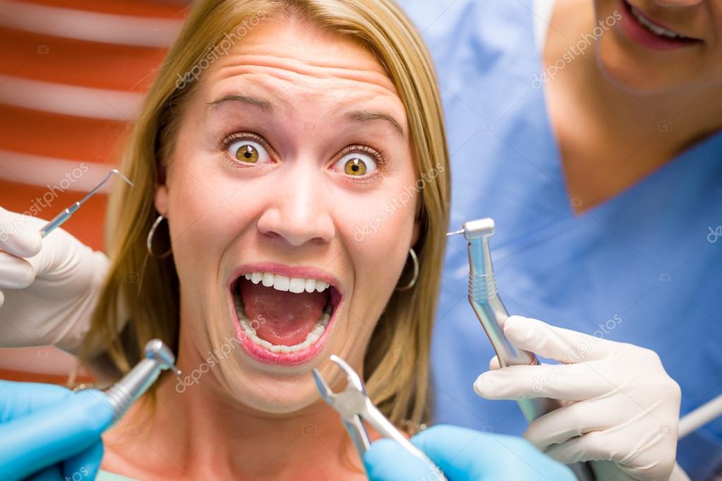 Crazy scared patient at dental surgery — Stock Photo © CandyBoxImages ...