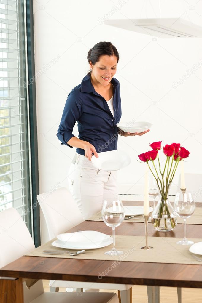Pretty woman setting table dining room preparing — Stock Photo ...