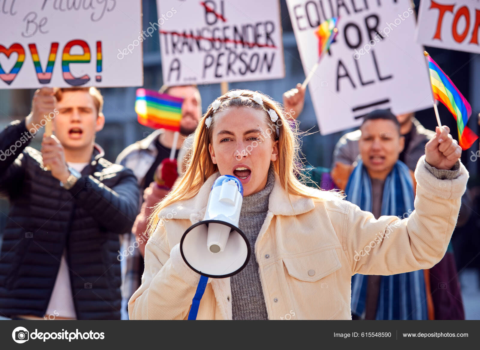 Group Protestors Placards Megaphone Demonstration March Gender Equality ...