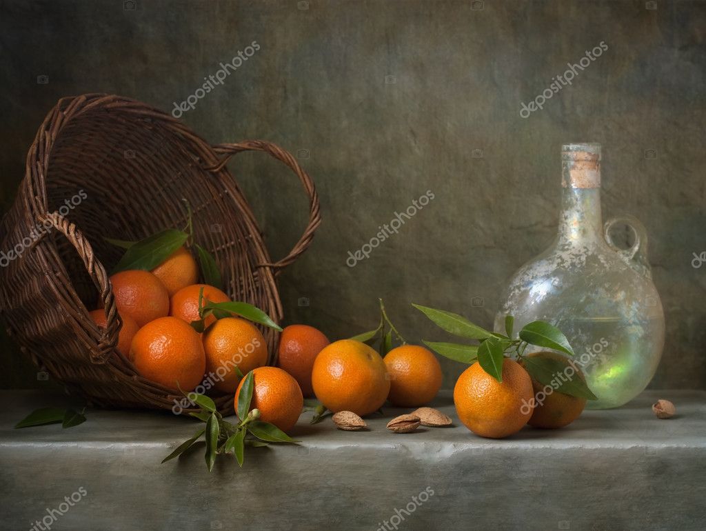 Still life with tangerines and antique bottle — Stock Photo ... Still life with tangerines and antique bottle — Stock Photo ...