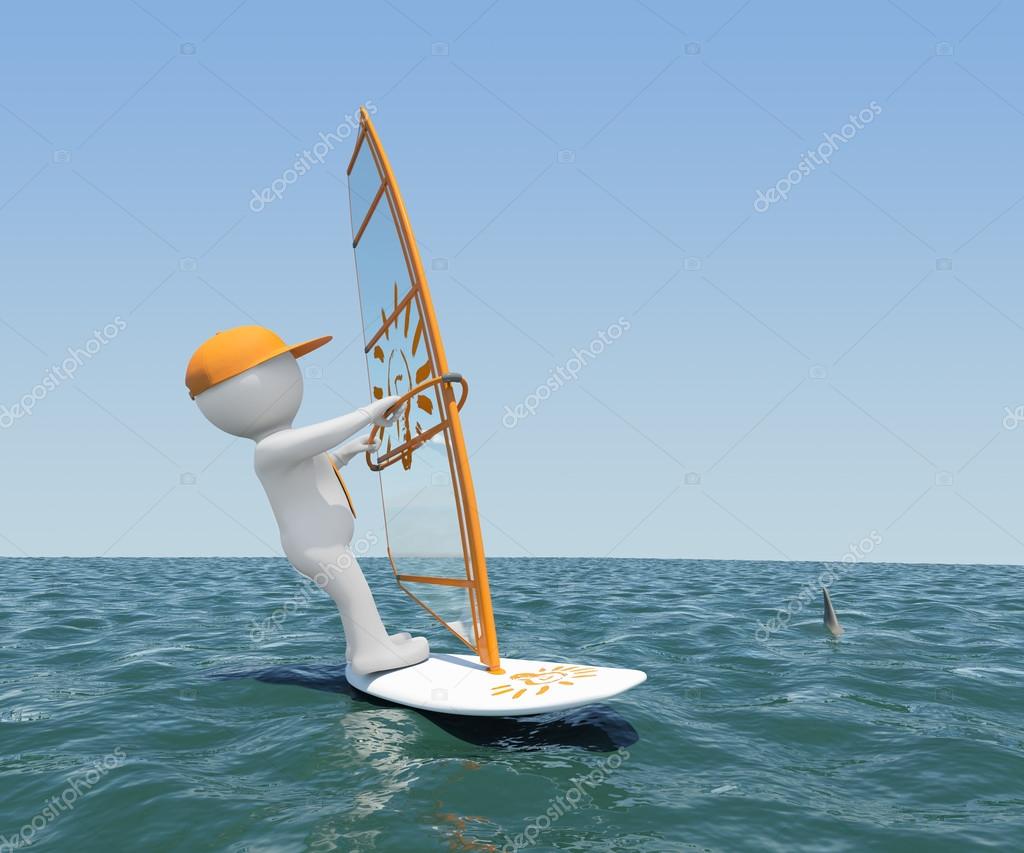3d man on board with sail floating on the sea — Stock Photo © cherezoff ...