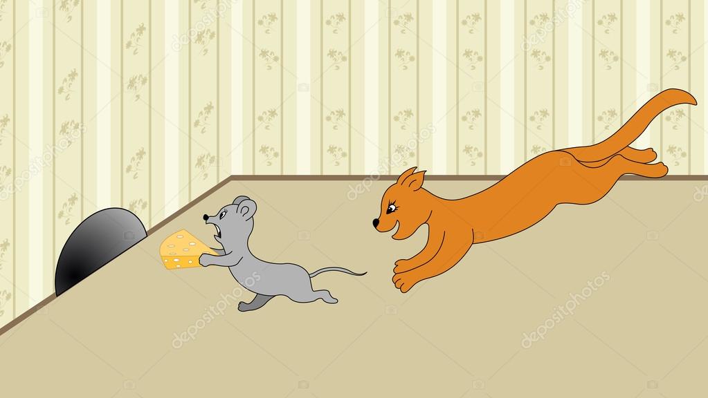 Gato vermelho pega o rato em fuga Vetor de ©rait 38192981