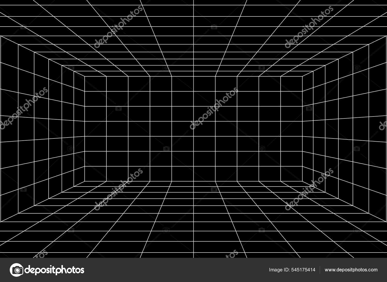 Digital white grid of 3d black room space with one point perspective ...