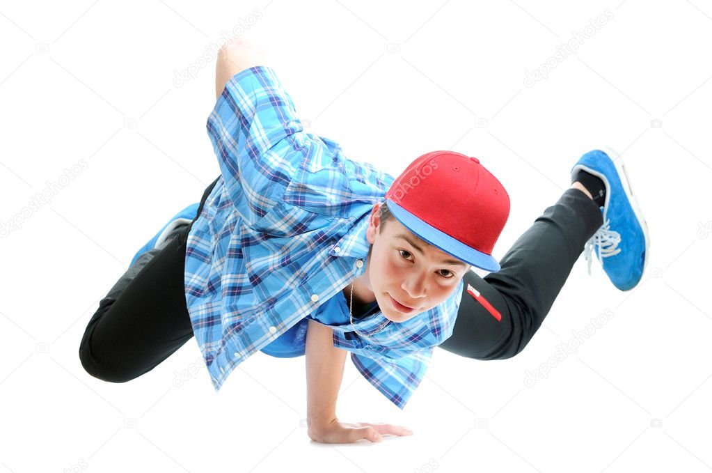 Hip-hop style dancer performing against a white background — Stock ...