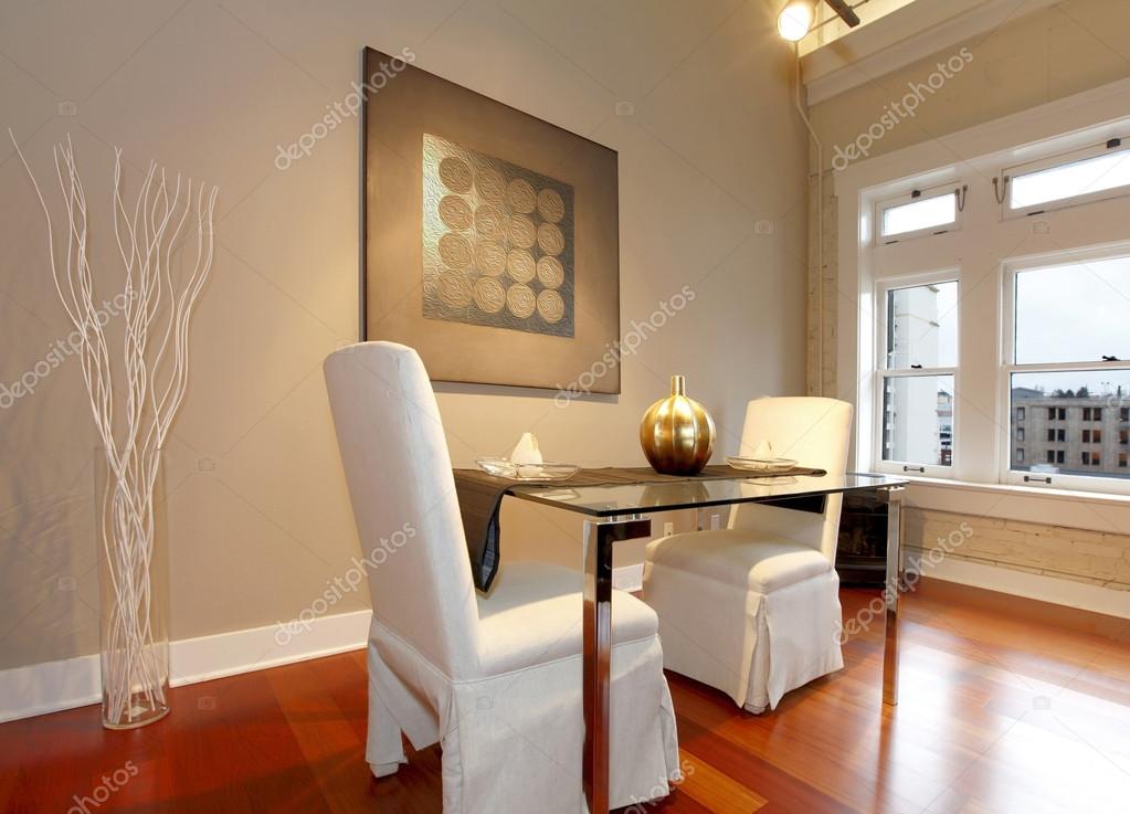Elegant dining table set in a modern living room — Stock Photo ...
