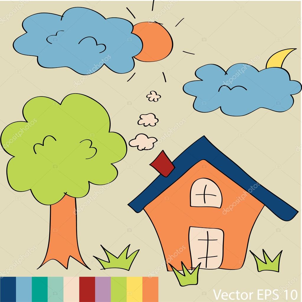 House and Tree Vector Doodle Illustrator, EPS 10. Stock Vector Image by ...