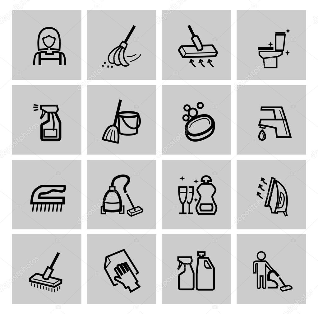 Vector black cleaning icons set — Stock Vector © bioraven #41998927