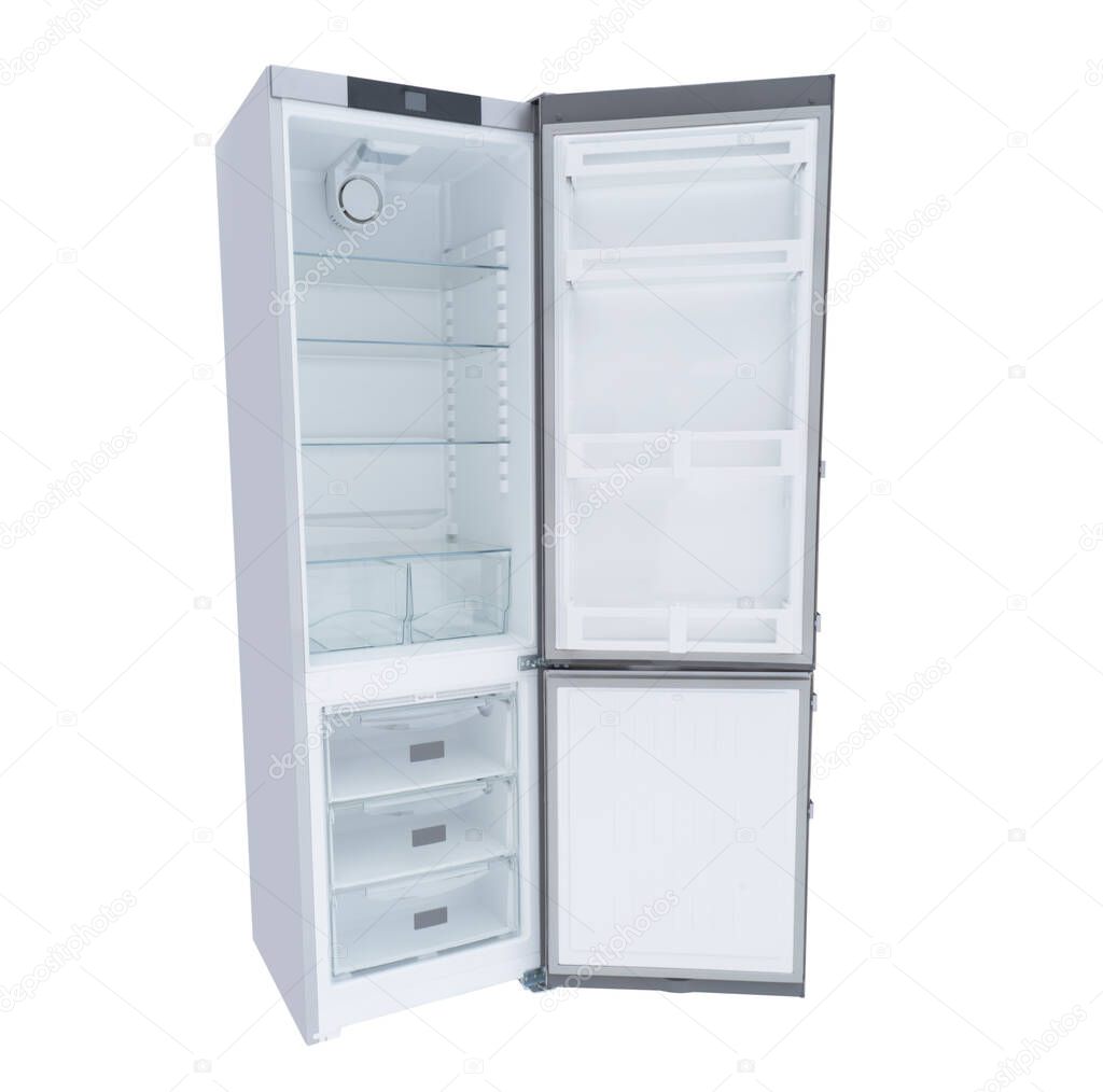 Nuevo refrigerador con puertas abiertas aisladas sobre fondo blanco ...