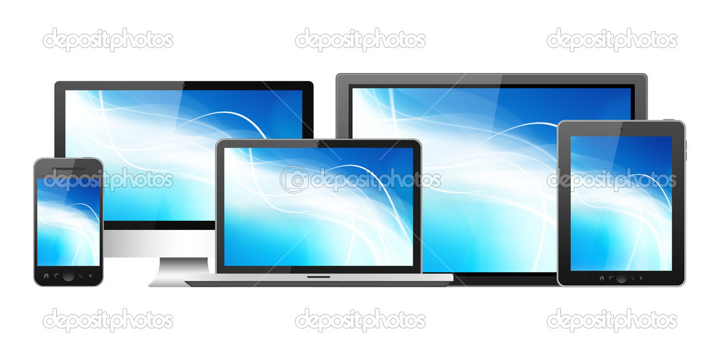 Tablet pc, mobile phone, computers, laptop and HD TV — Stock Photo ...