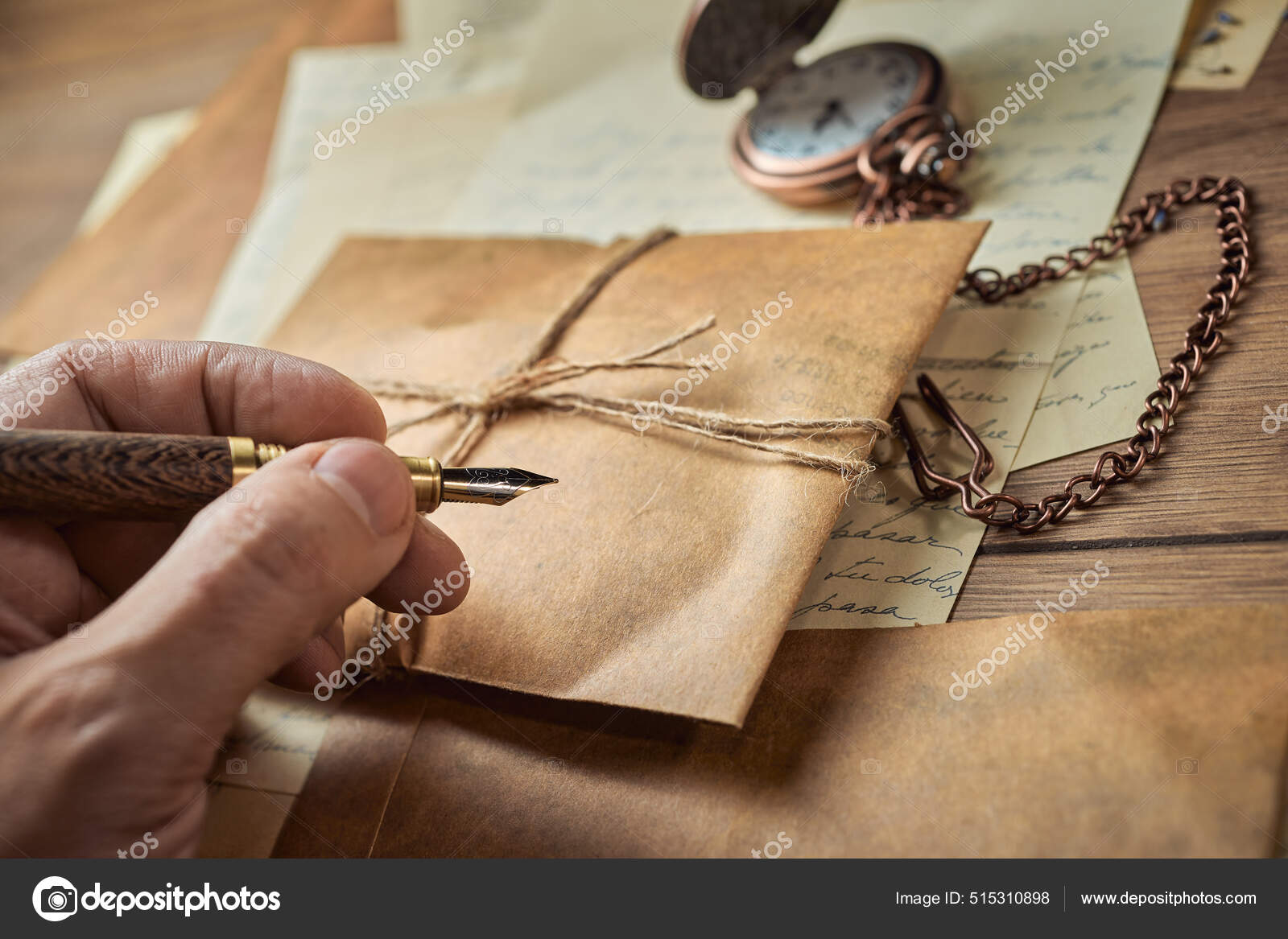 Vintage Writing Utensils Wooden Table Old Watch Papers Letters ...