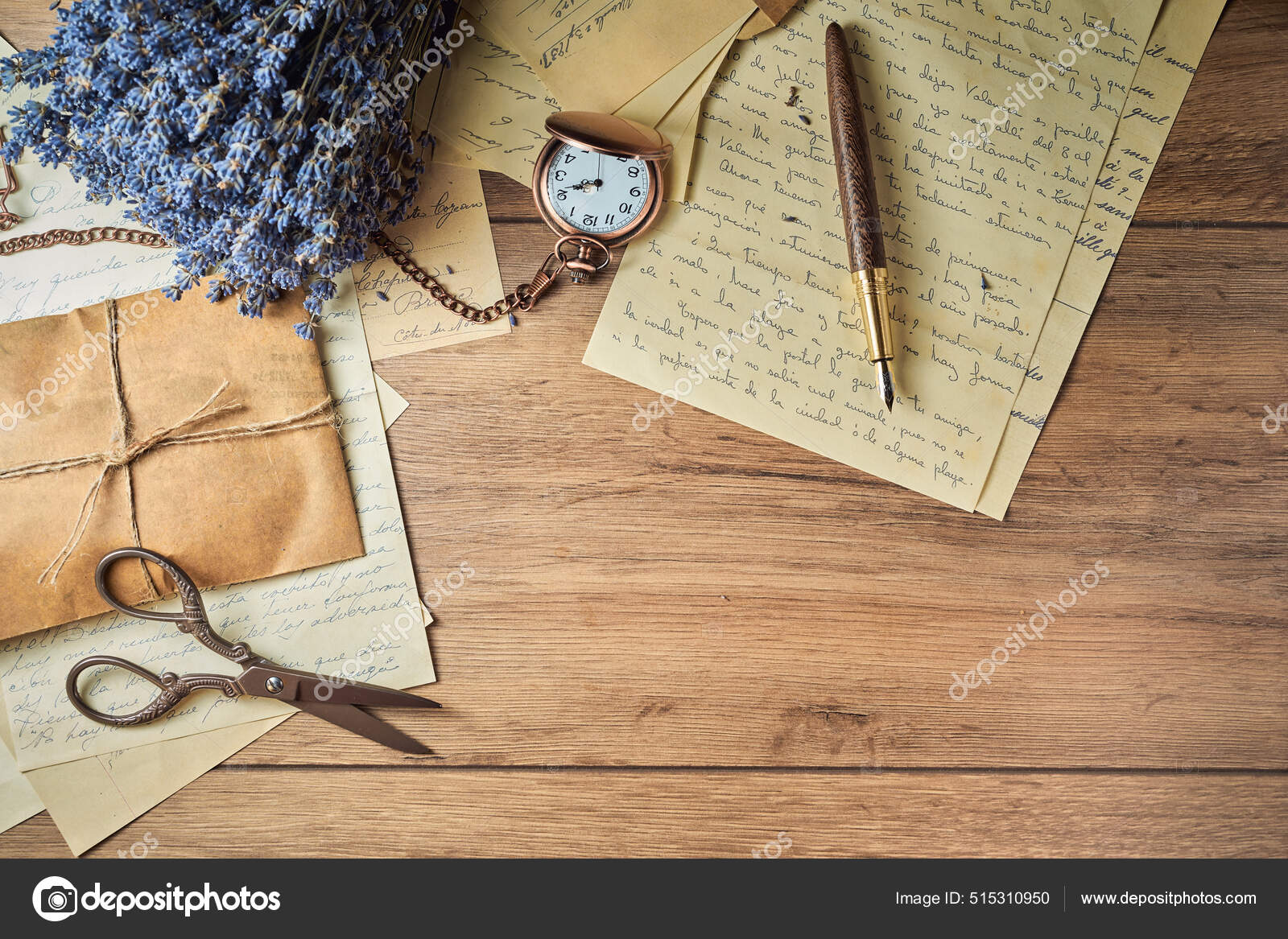 Vintage Writing Utensils Wooden Table Old Watch Papers Letters ...