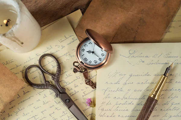 Vintage Writing Utensils Wooden Table Old Watch Papers Letters ...