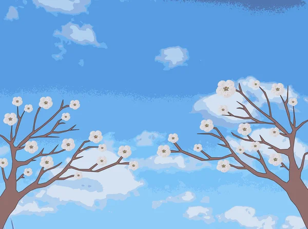 Two trees with delicate flowers pull branches into the sky, drawing ...