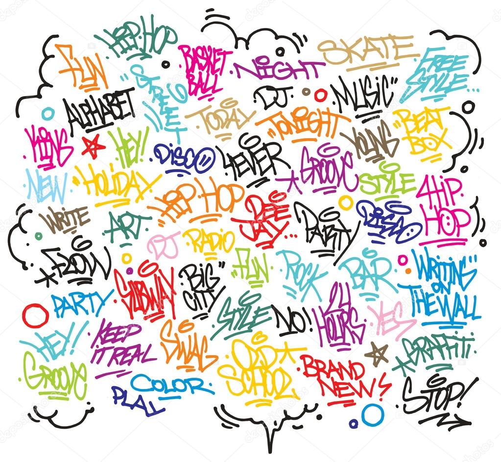 Multiple urban art and graffiti tags, slogans, decorations. Vector ...
