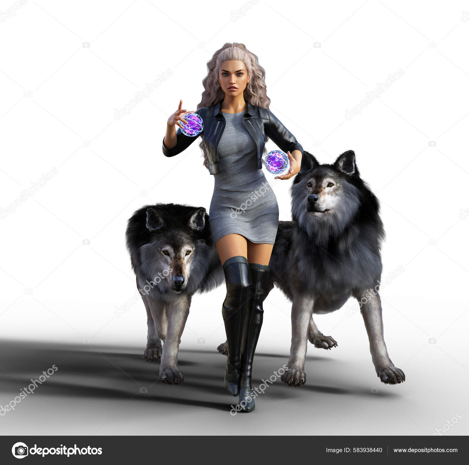 Magical Woman Two Wolves Her Side Illustration Stock Photo by ...