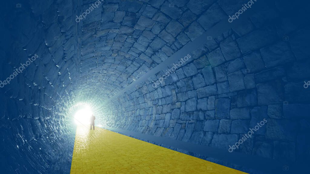 Concept or conceptual blue and yellow tunnel, the Ukrainian flag colors ...