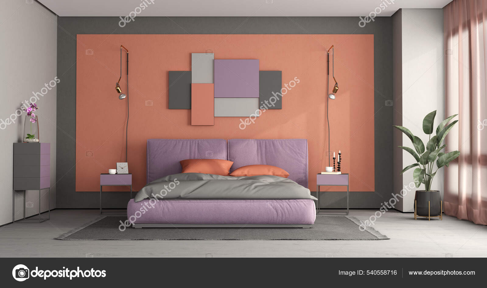 Colorful Bedroom Modern Double Bed Decor Frame Wall Rendering — Stock ...