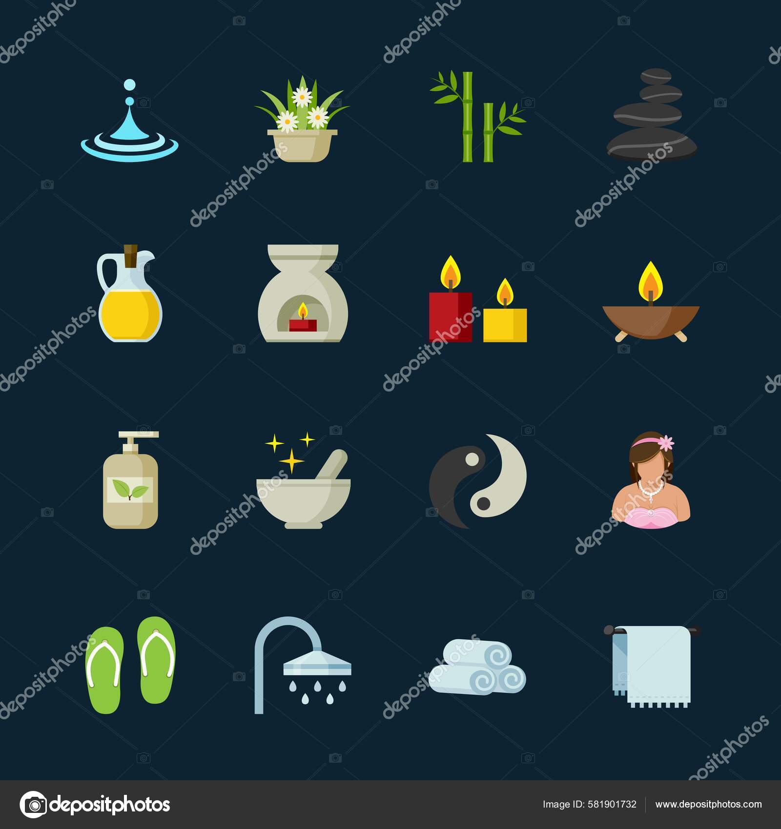Spa Dan Ikon Yang Santai Dengan Latar Belakang Hitam Vektor Stok oleh ...