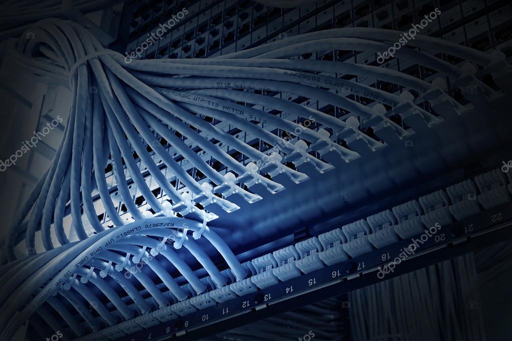 Patch panel of the 6th category closeup, blue tone Stock Photo by ...