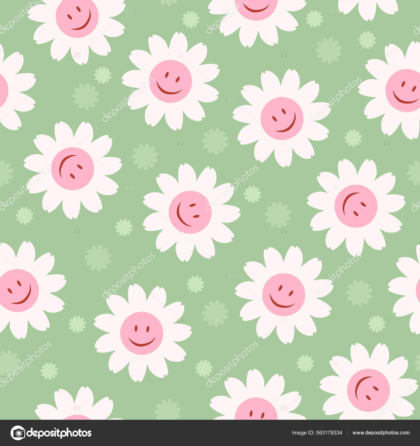 70S Cute Seamless Smiling Daisy Repeat Pattern Flowers Floral Hippie ...