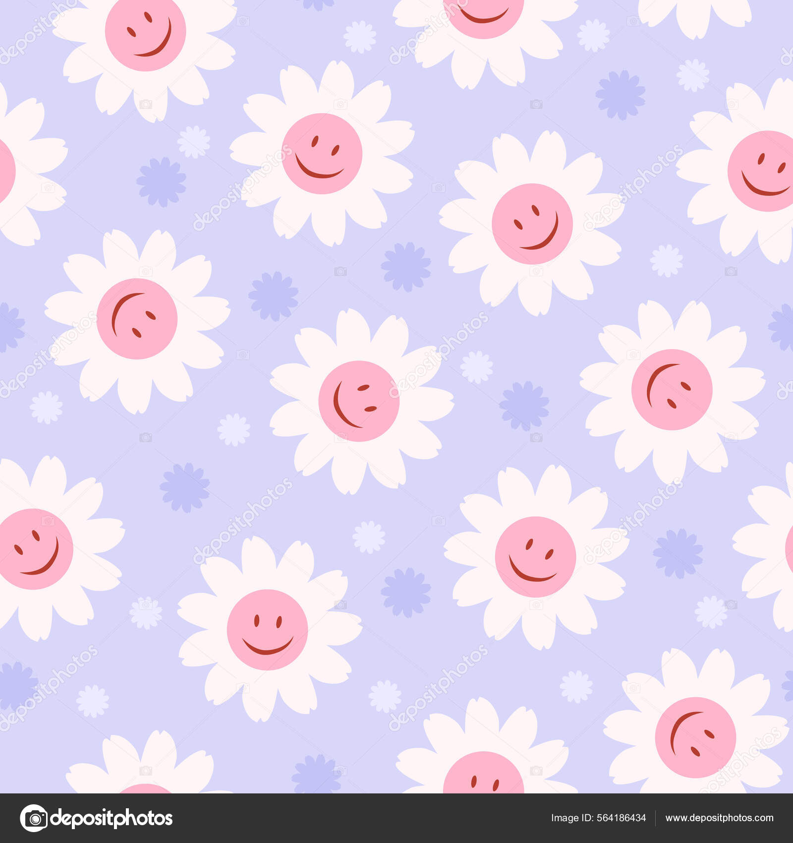 70S Cute Seamless Smiley Face Daisy Pattern Flowers Floral Hippie Stock ...
