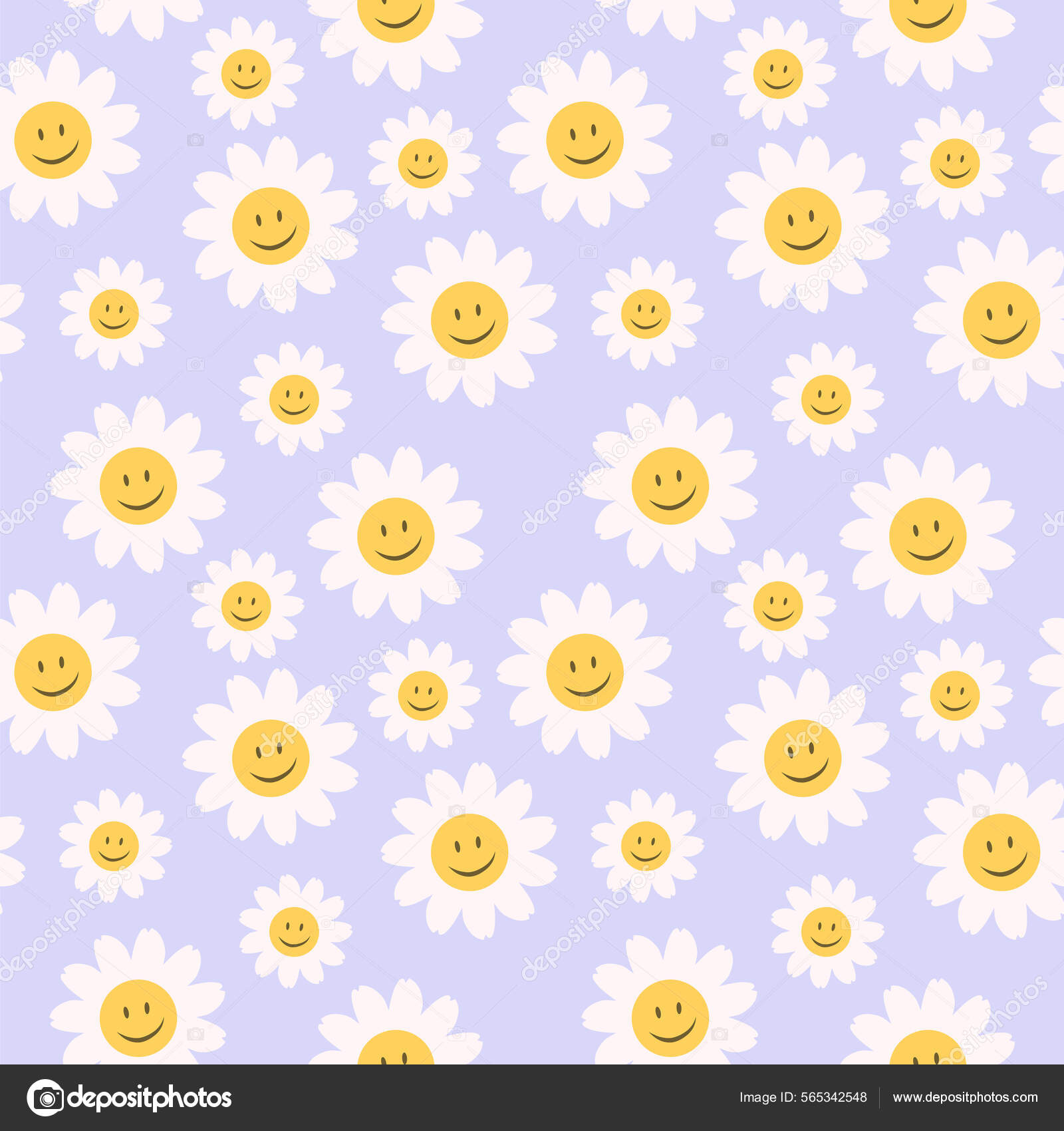 70S Cute Seamless Smiley Face Daisy Pattern Flowers Floral Hippie Stock ...