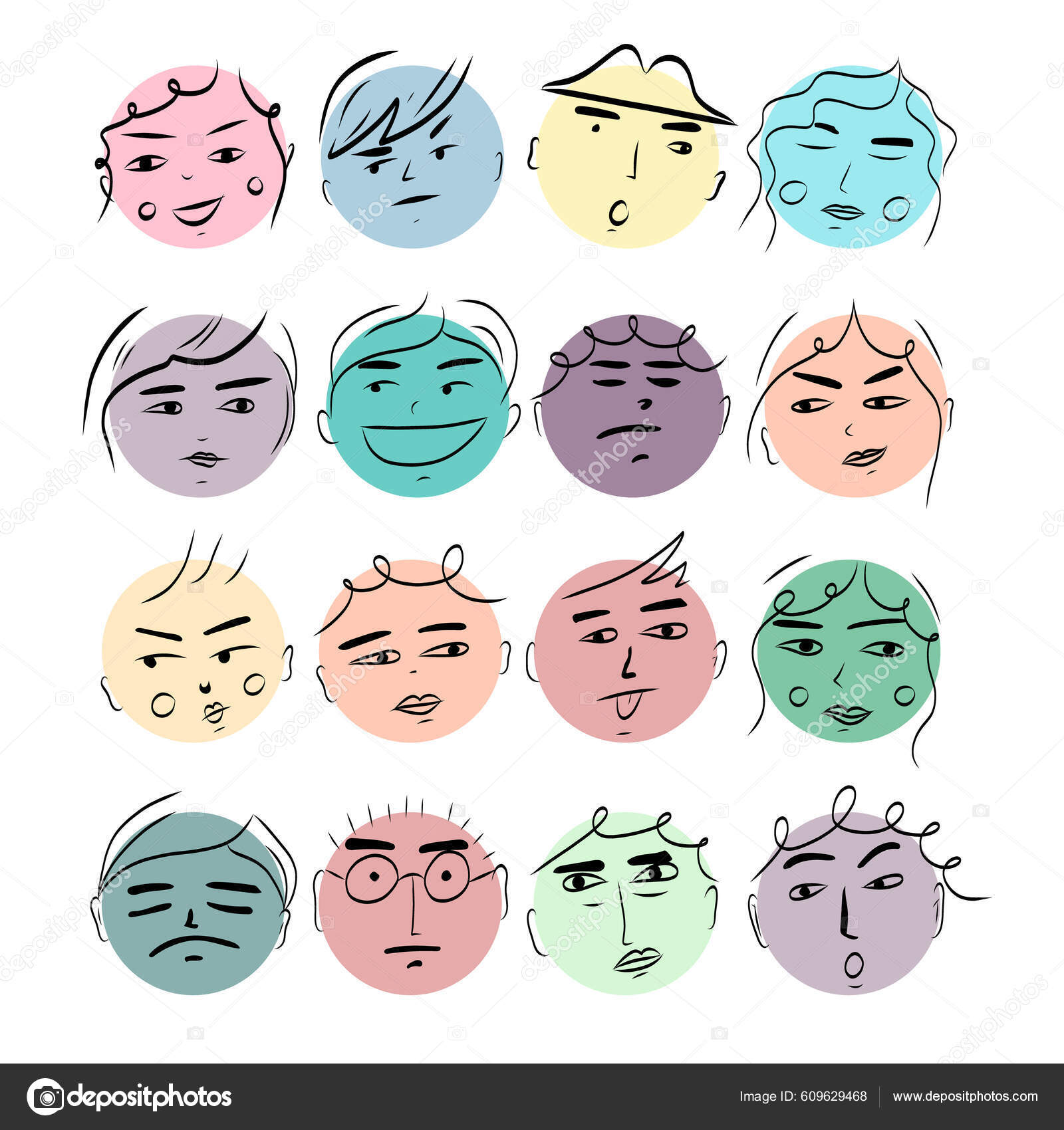 Rostros Cómicos Abstractos Redondos Con Varias Emociones Diferentes ...