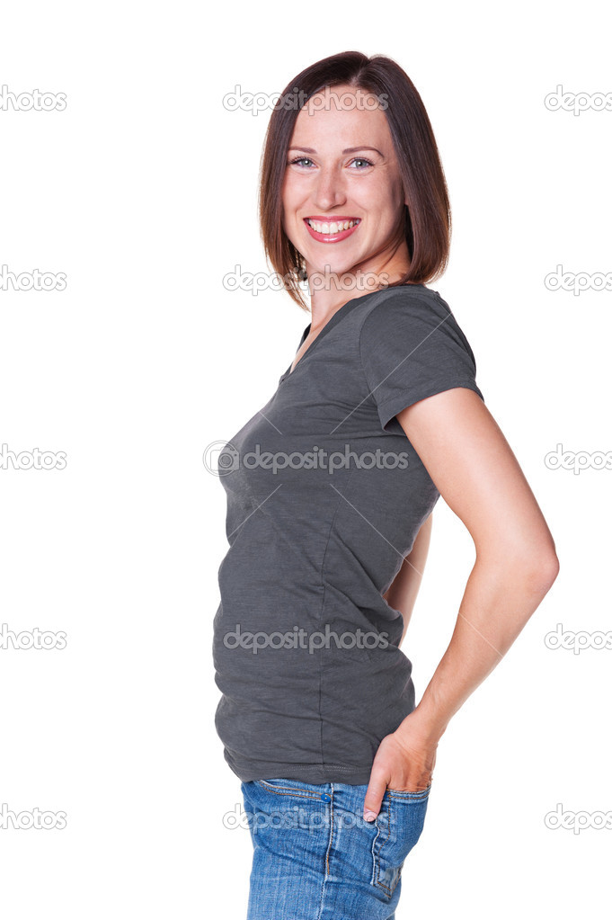 Young smiley female standing over white Stock Photo by ©konstantynov ...