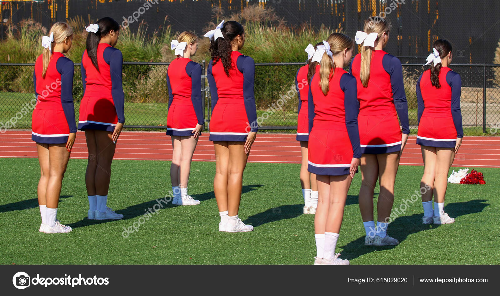 Rear View High School Cheeleaders Staning Still Ready Practice ...