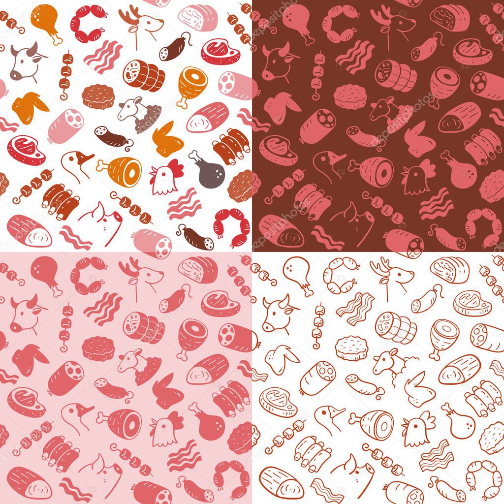 Carne colección de patrones sin costura. Trozos de carne y productos ...