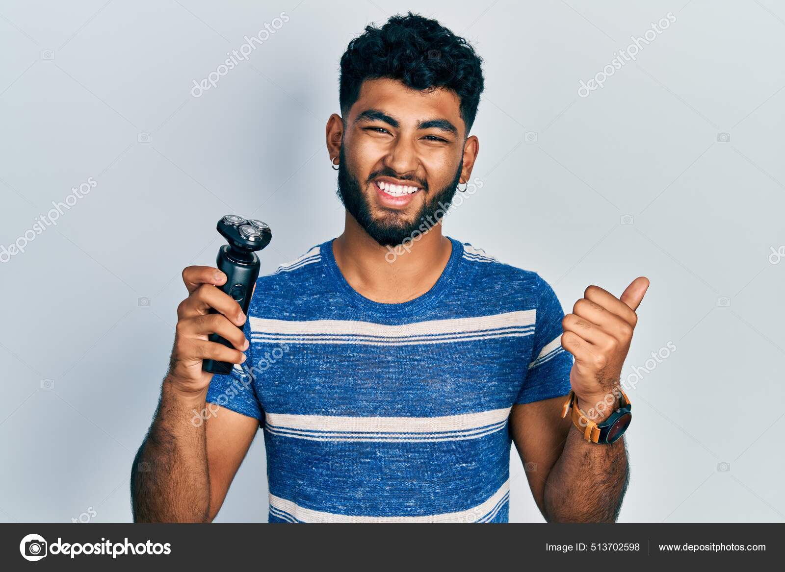 Arab Man Beard Holding Electric Razor Machine Screaming Proud ...