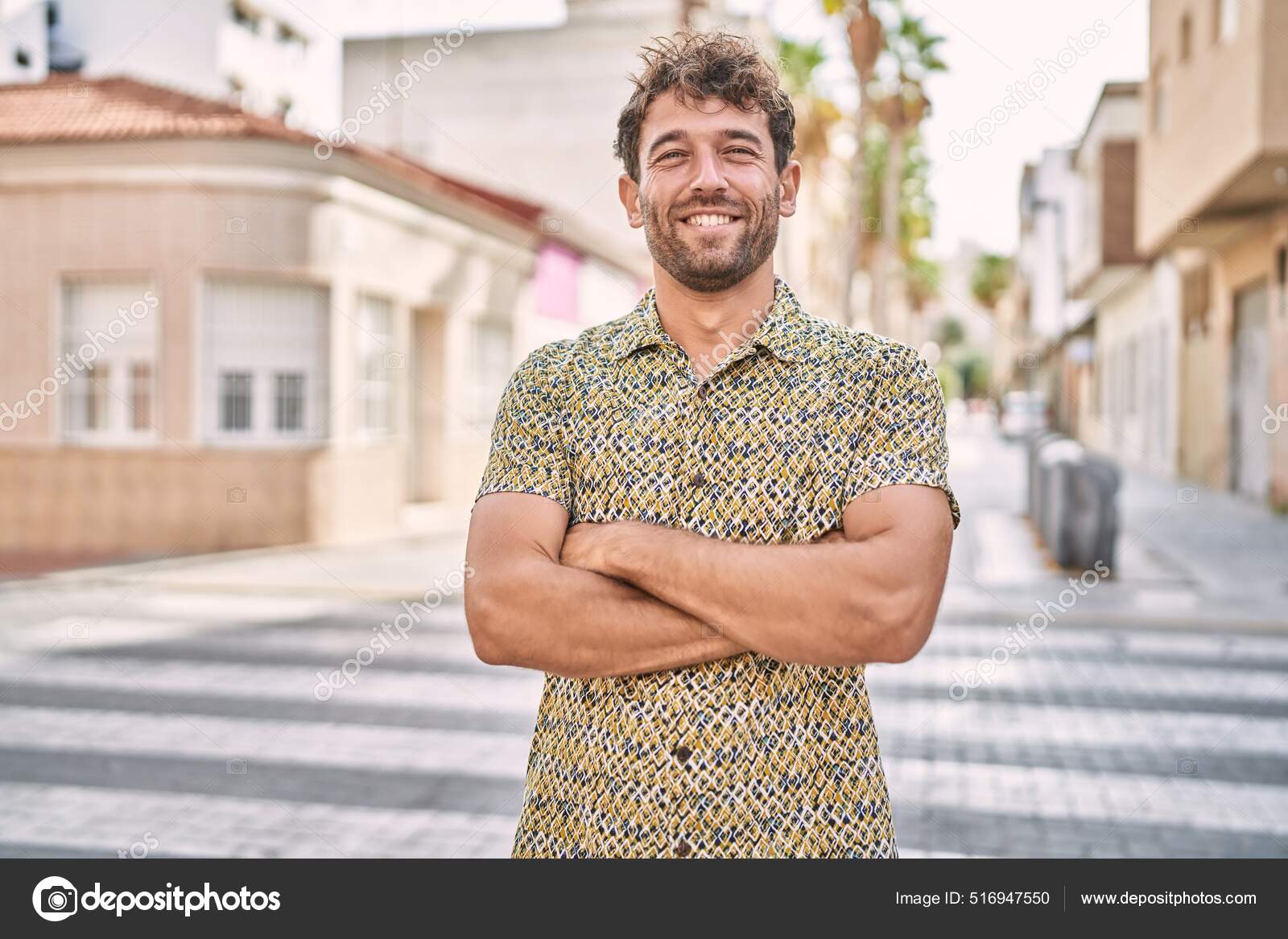 Young Hispanic Man Standing Street Happy Face Smiling Crossed Arms ...