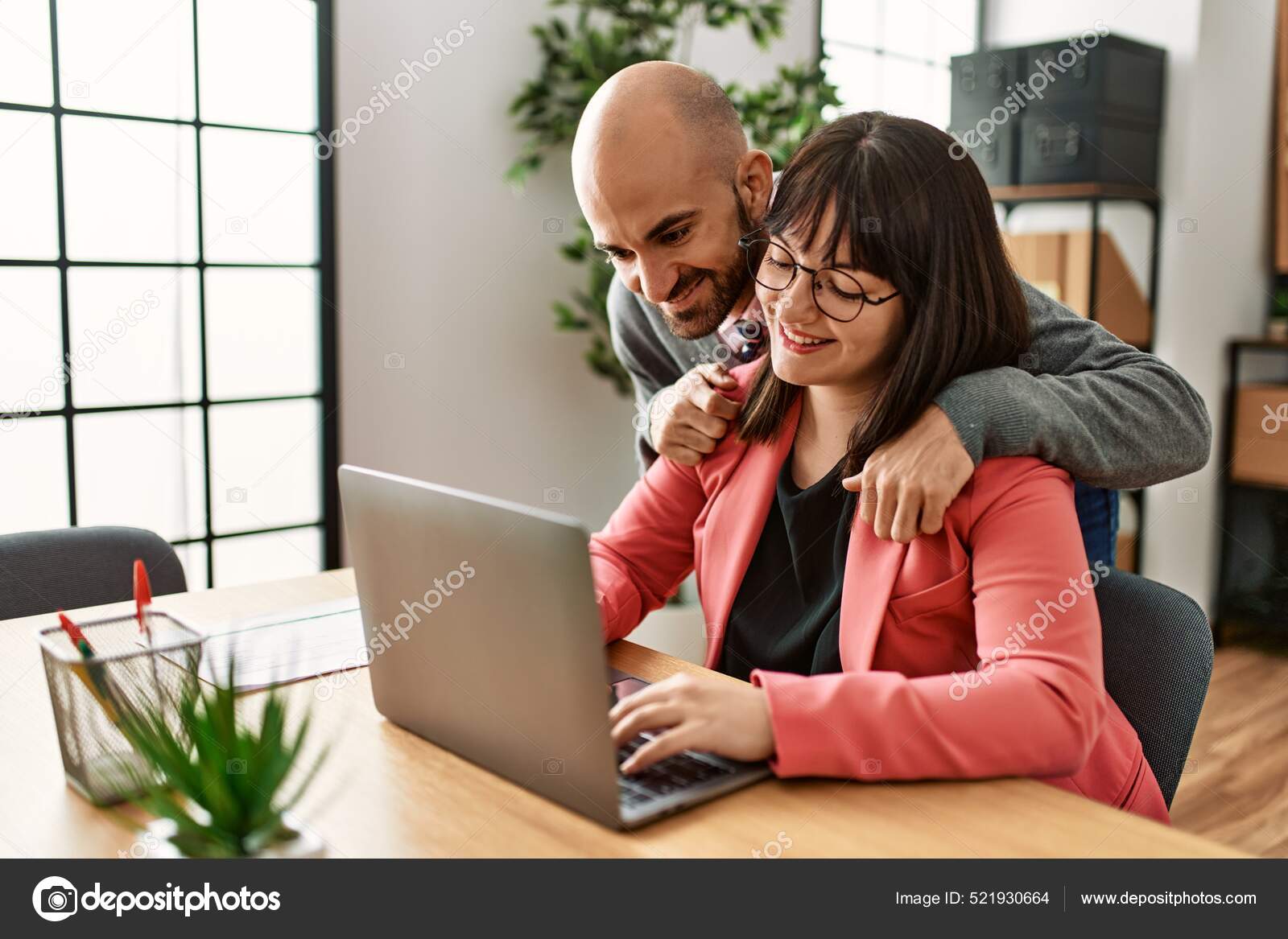 Two Hispanic Business Workers Smiling Happy Working Office Stock Photo ...