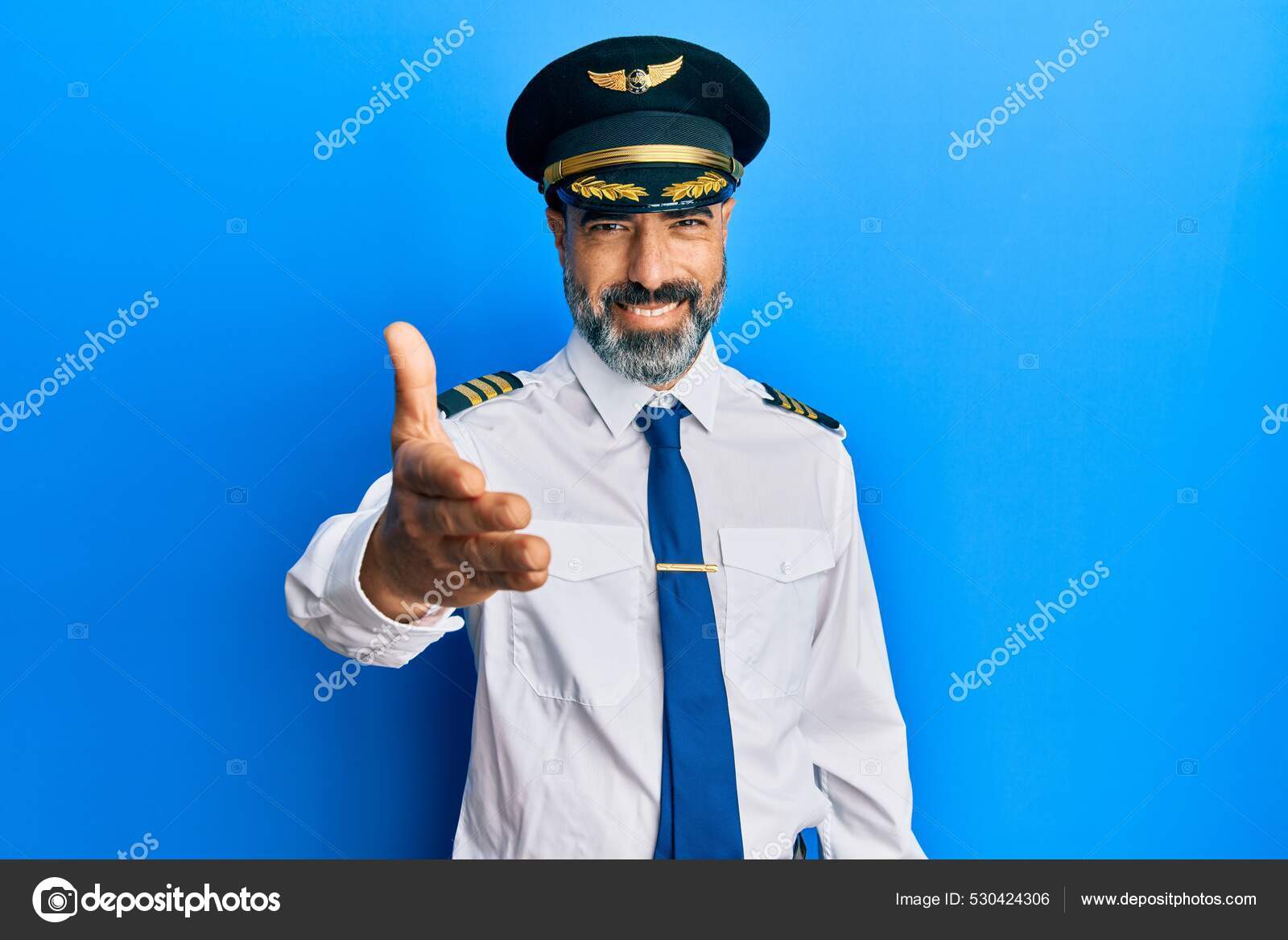 Middle Age Man Beard Grey Hair Wearing Airplane Pilot Uniform — Stock ...