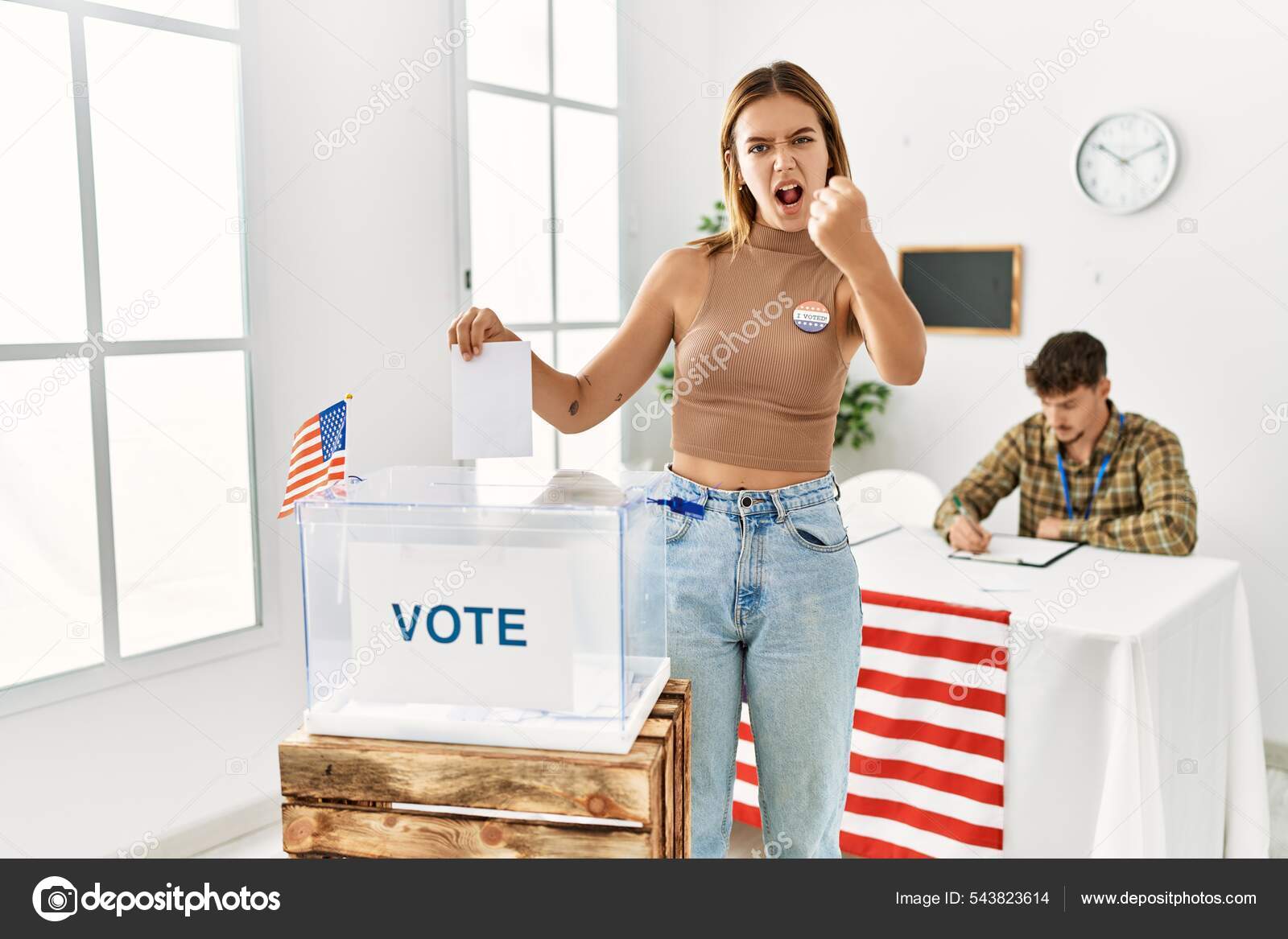 Young Blonde Girl Voting Putting Envelop Ballot Box Annoyed Frustrated — Stock Photo ...
