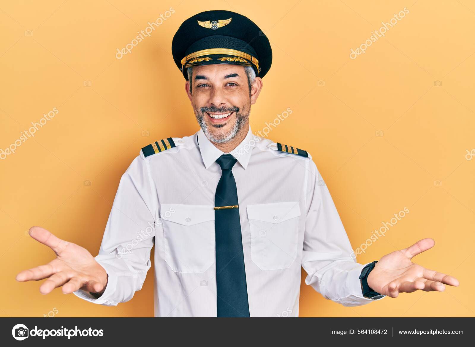 Handsome Middle Age Man Grey Hair Wearing Airplane Pilot Uniform ...