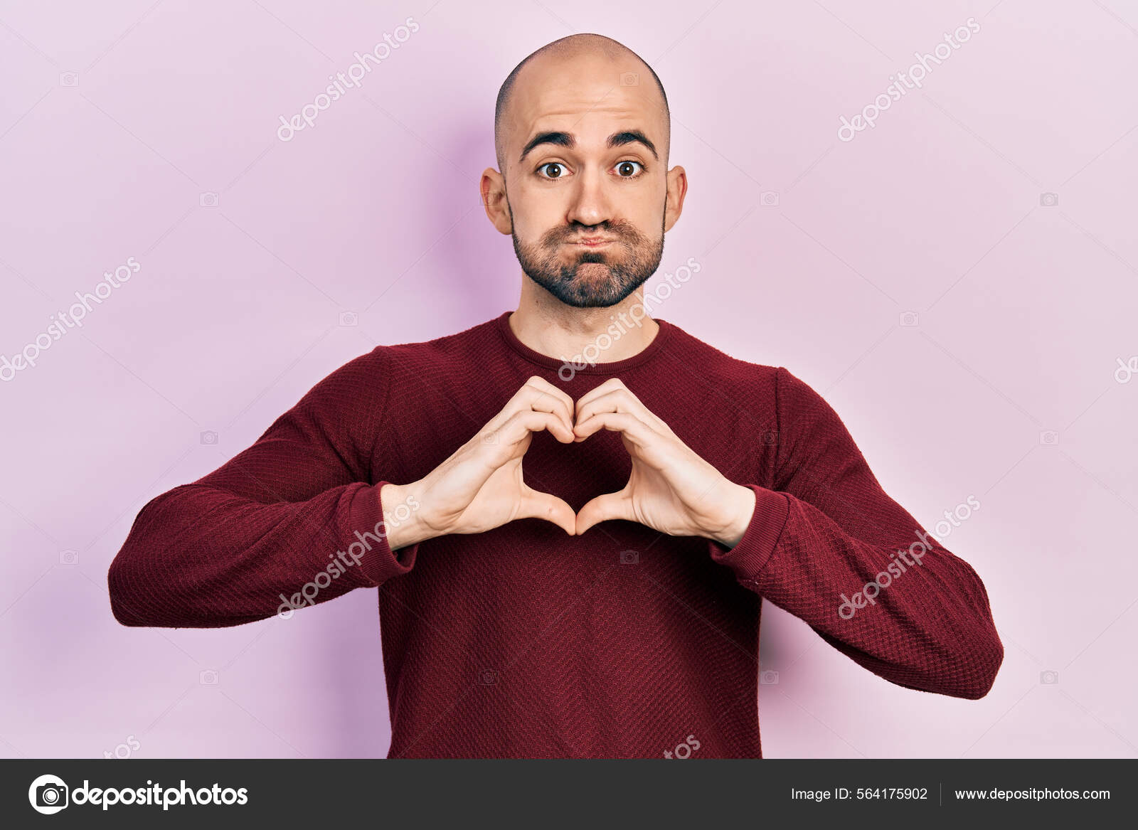 Young Bald Man Doing Heart Symbol Hands Puffing Cheeks Funny Stock ...