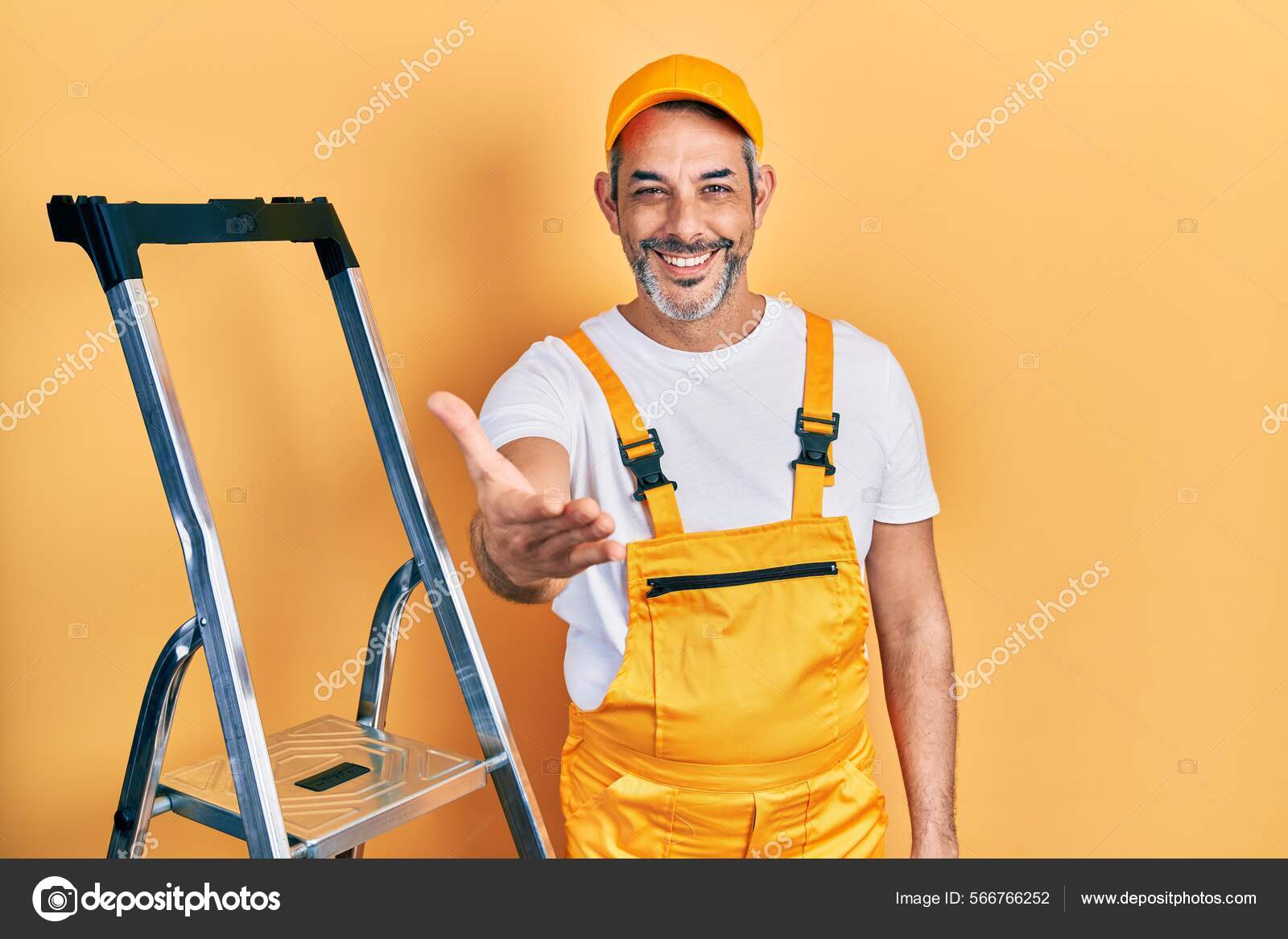 Handsome Middle Age Man Grey Hair Holding Ladder Smiling Friendly ...