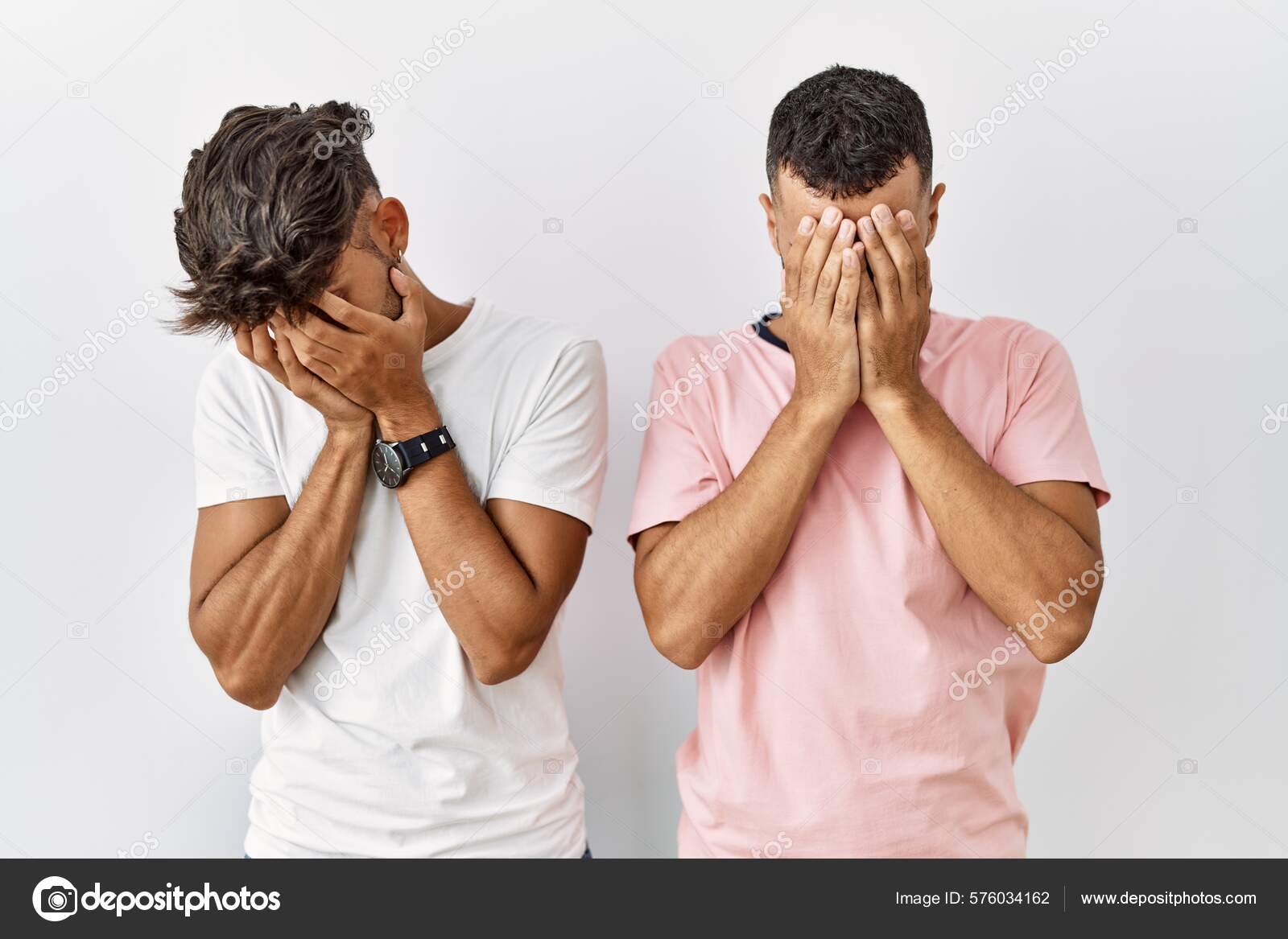 Young Gay Couple Standing Isolated Background Sad Expression Covering ...