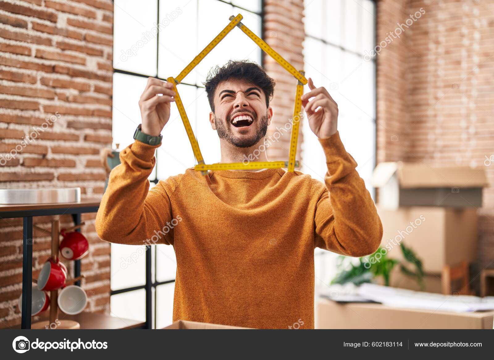 Hispanic Man Beard Moving New Home Holding Ruler Angry Mad — Stock ...
