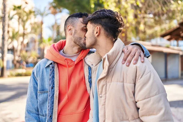 Two Men Couple Hugging Each Other Kissing Coffee Shop Terrace Stock
