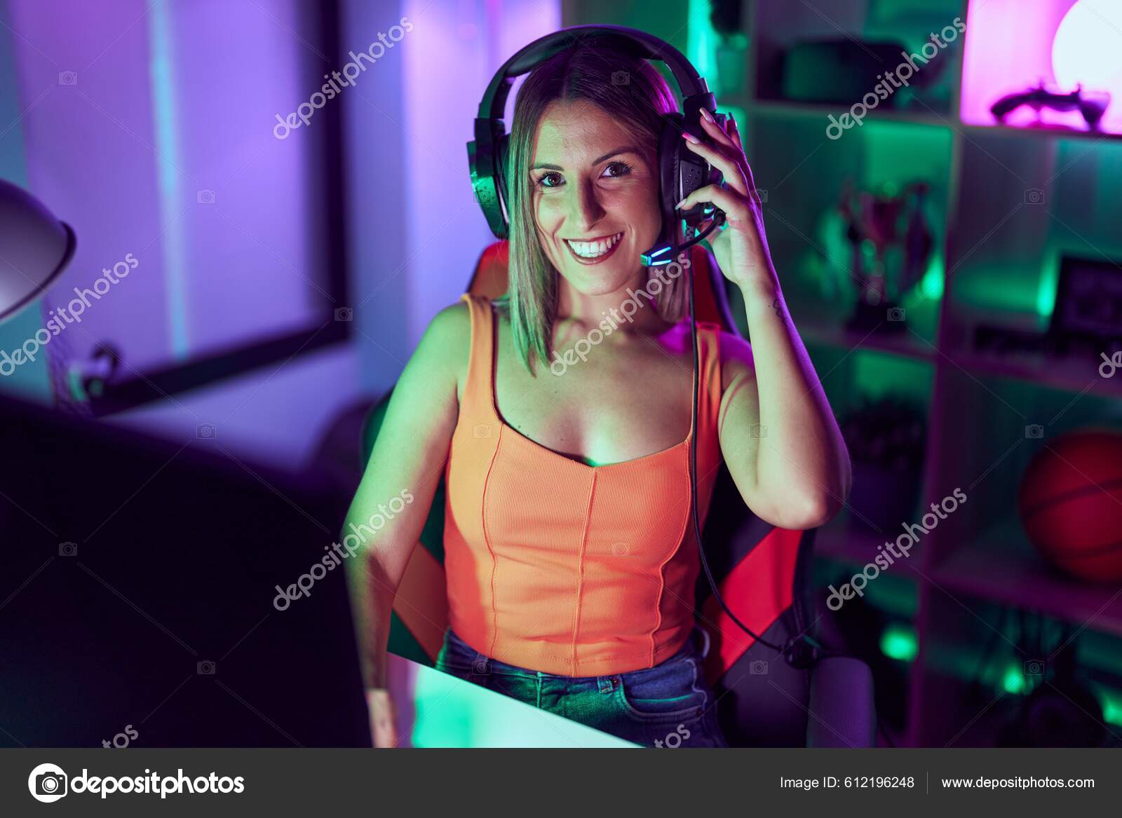 Young Beautiful Hispanic Woman Streamer Playing Video Game Using ...