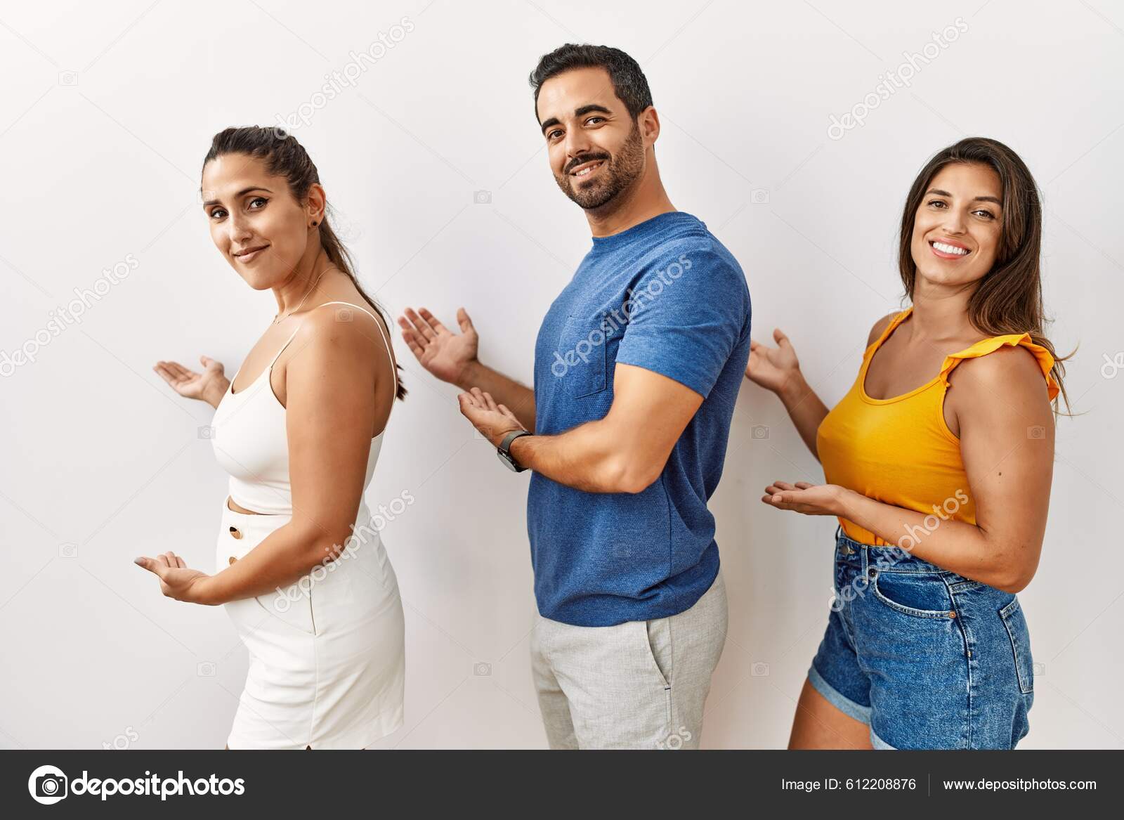 Group Young Hispanic People Standing Isolated Background Inviting Enter ...