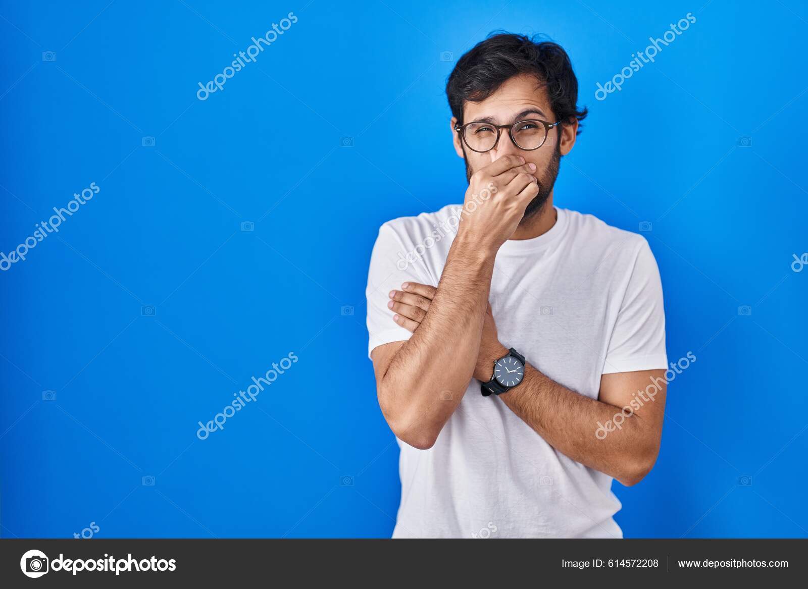 Handsome Latin Man Standing Blue Background Smelling Something Stinky ...