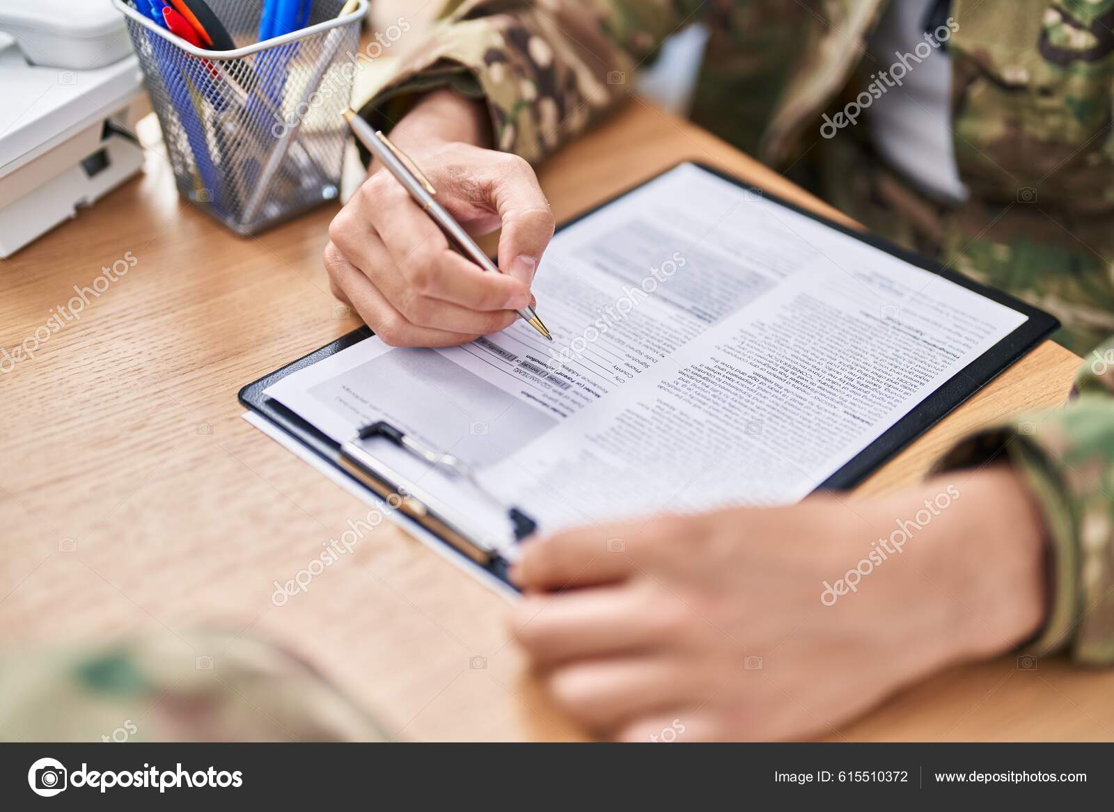 Young Hispanic Man Army Soldier Signing Contract Office — Stock Photo ...