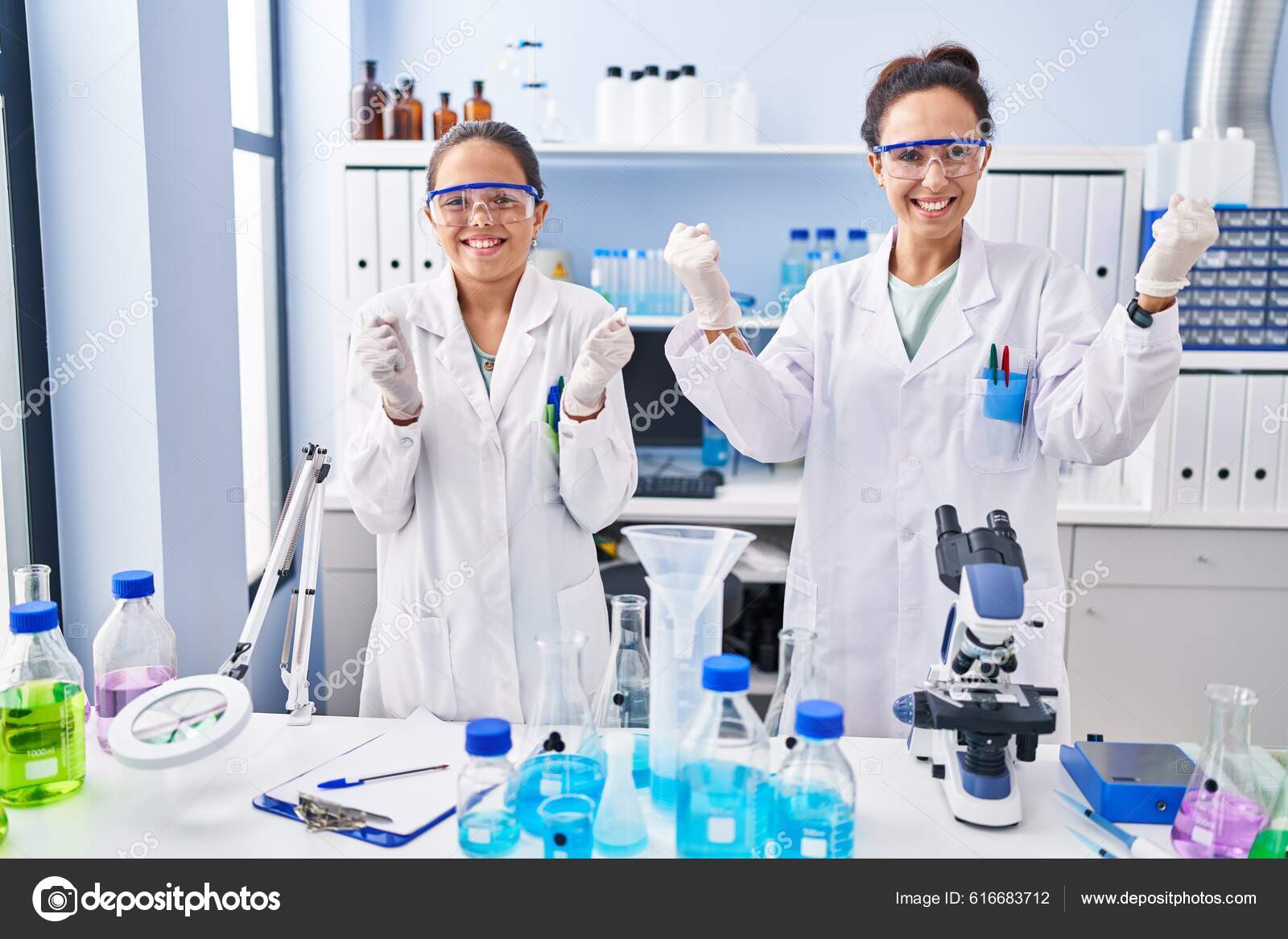 Young Mother Daughter Scientist Laboratory Screaming Proud Celebrating ...